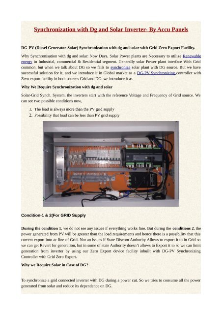 Synchronization with Dg and Solar Inverter- By Accu Panels