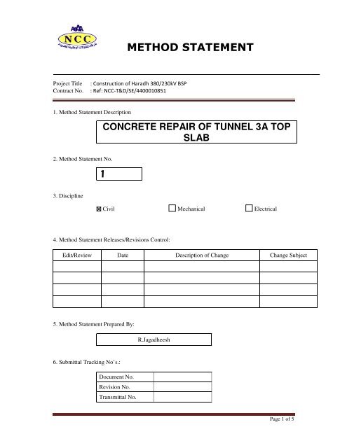 Method Statement to SEC for Tunnel#3A slab repair work