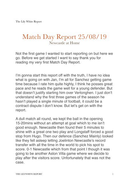 Matchday Report 25/08/19