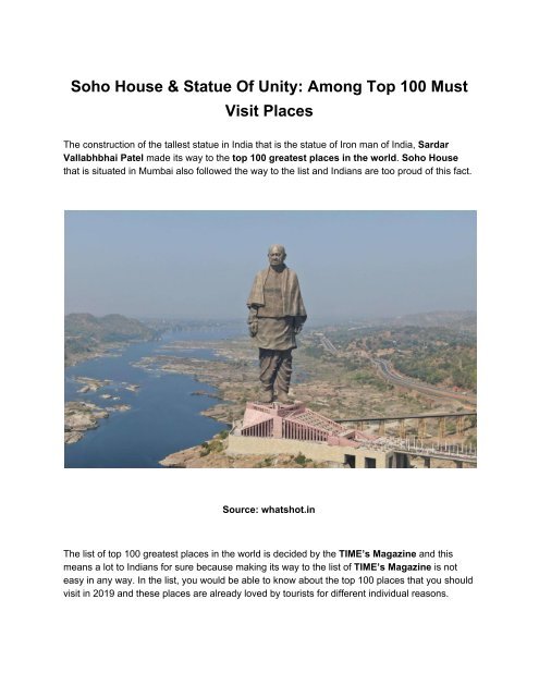 Soho House & Statue Of Unity: Among Top 100 Must Visit Places