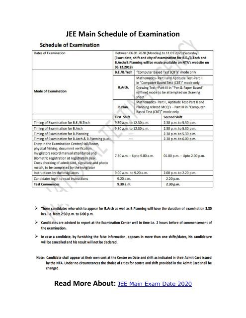 JEE Main Schedule of Examination