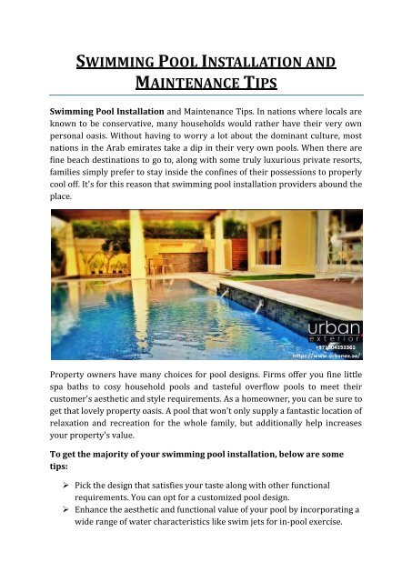 Swimming Pool Installation and Maintenance Tips