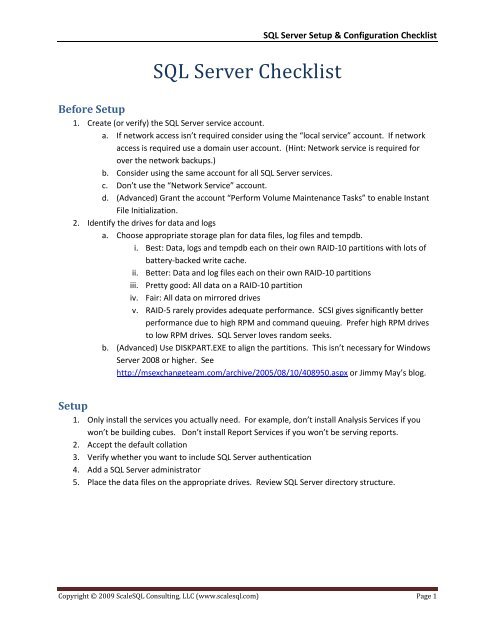 SQL Server Checklist