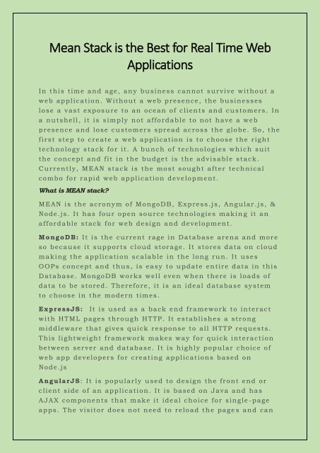 Mean Stack is the Best for Real Time Web Applications