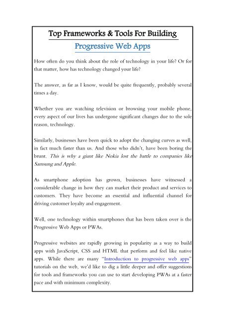 Top Frameworks & Tools For Building Progressive Web Apps