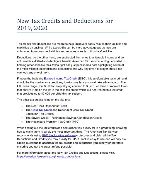 New Tax Credits and Deductions for 2019, 2020