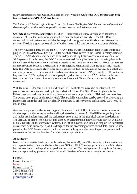 Inray Industriesoftware Gmbh Releases the New Version 4.13 of the OPC ...