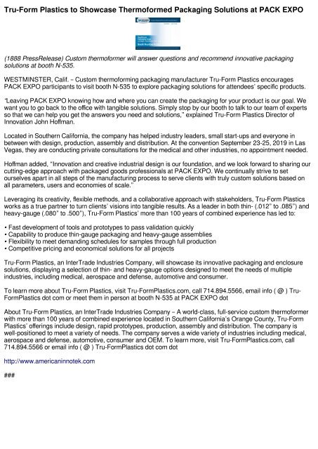 Tru-Form Plastics to Showcase Thermoformed Packaging Solutions at PACK EXPO