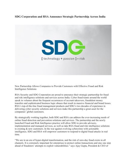 SDG Corporation and RSA Announce Strategic Partnership Across India