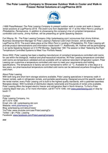 The Polar Leasing Company to Showcase Outdoor Walk-in Cooler and Walk ...