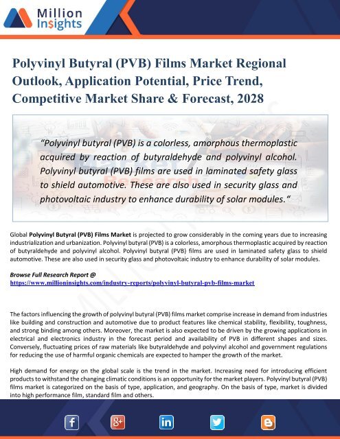 Polyvinyl Butyral (PVB) Films Market Forecasting to Development Ratio with Huge Marginal Revenue ...