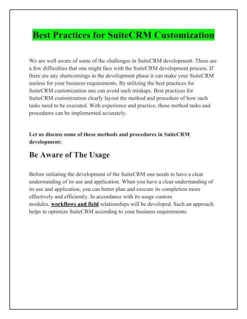 Best Practices For Suitecrm Customization