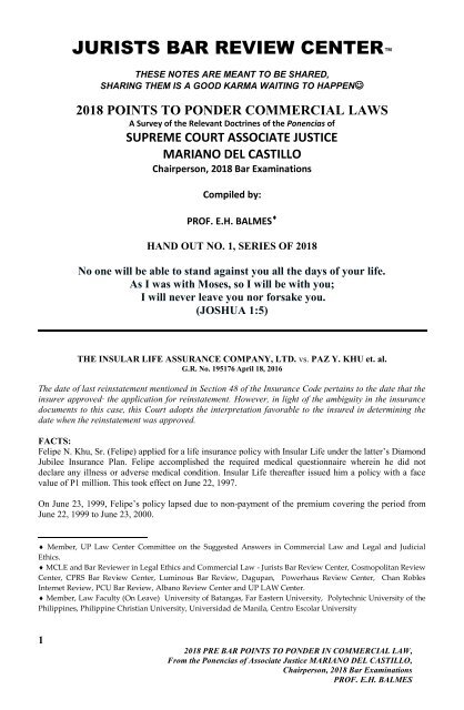2018 Prebar Points to Ponder in Commercial Law by Usec. Erickson Balmes
