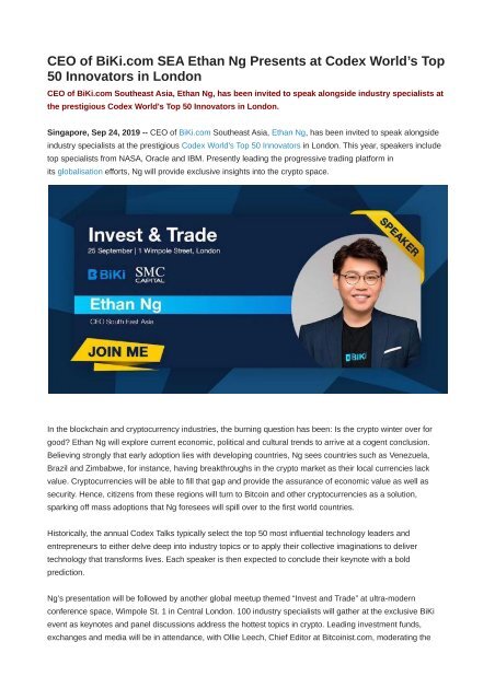 CEO of BiKi.com SEA Ethan Ng Presents at Codex World’s Top 50 ...