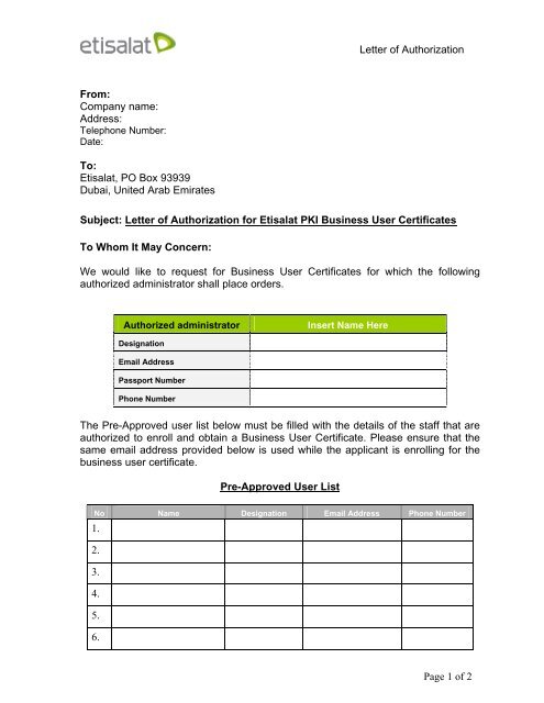 Letter of Authorization From_ Company name_ Address_ To_ Etisalat ...
