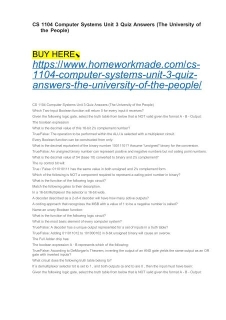 Cs 1104 Computer Systems Unit 3 Quiz Answers The University Of The People 0353