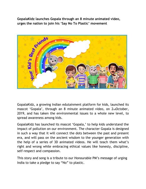 GopalaKidz launches Gopala through an 8 minute animated video, urges ...