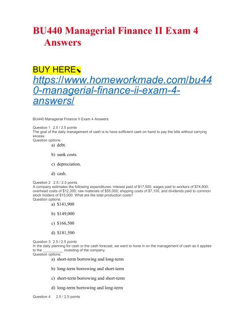 BU440 Managerial Finance II Exam 4 Answers