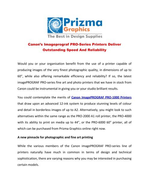Canon’s Imageprograf PRO-Series Printers Deliver Outstanding Speed And ...