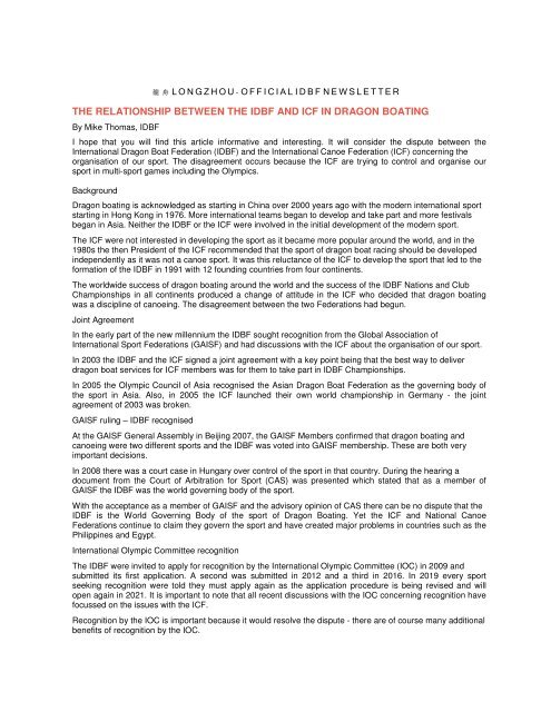 THE RELATIONSHIP BETWEEN THE IDBF AND ICF IN DRAGON BOATING