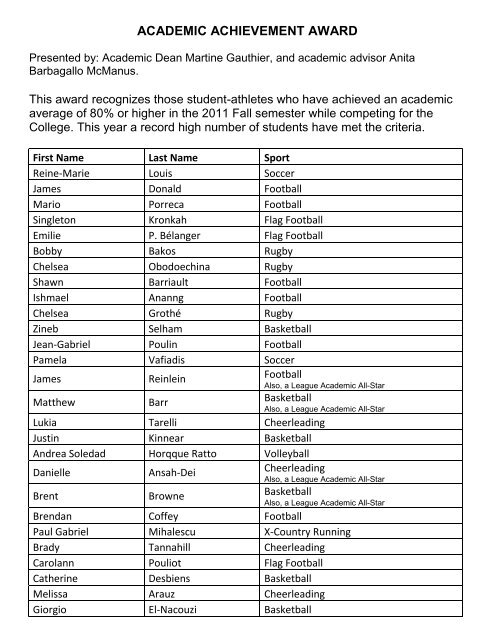 ACADEMIC ACHIEVEMENT AWARD - Vanier College