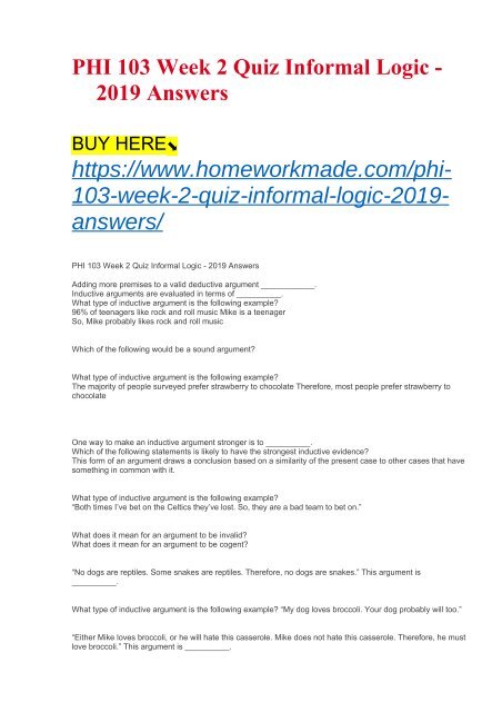 PHI 103 Week 2 Quiz Informal Logic - 2019 Answers