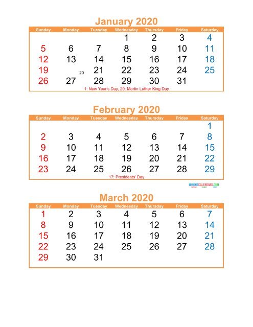 January February March Calendar