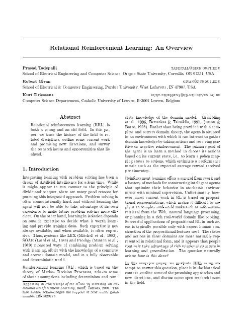 Relational Reinforcement Learning: An Overview - School of ...