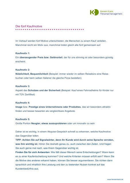 Die fünf wichtigsten Kaufmotive von Kunden - Kereen Karst Die fünf wichtigsten Kaufmotive von Kunden - Kereen Karst