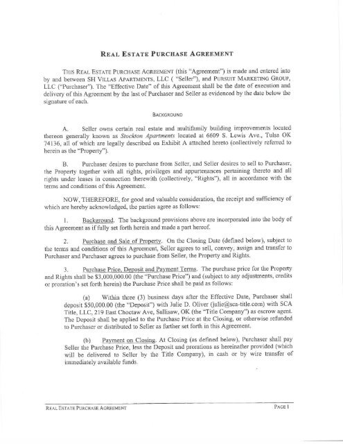 Stockton Executed Purchase Agreement