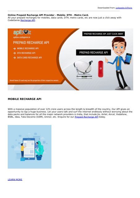 Online Prepaid Recharge API Provider - Mobile- DTH - Metro Card.