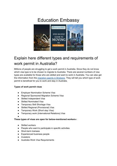 Explain here different types and requirements of work permit in Australia_