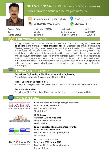 SHAMSHEER M ELECTRICAL ENGINEER CV