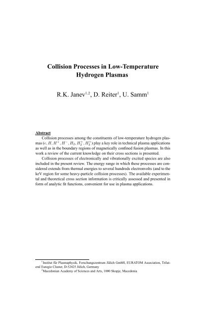Collision Processes in Low-Temperature Hydrogen Plasmas - eirene