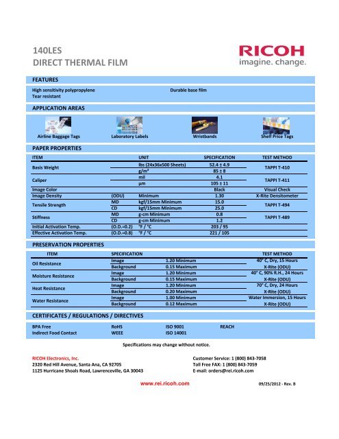 140LES DIRECT THERMAL FILM - Ricoh Electronics, Inc