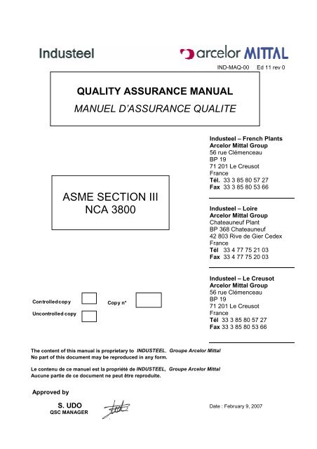 ASME SECTION III NCA 3800 - Industeel