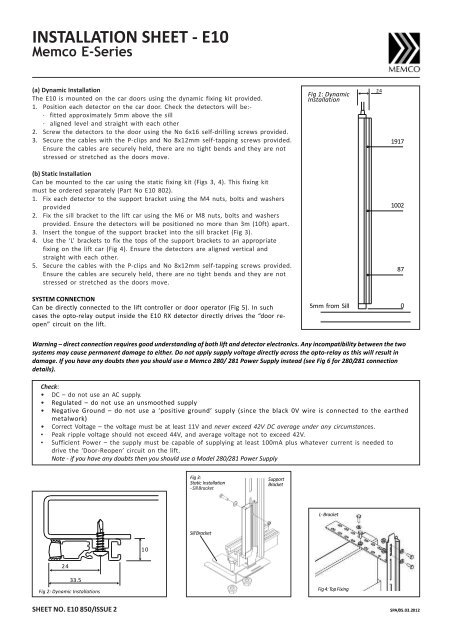 INSTALLATION SHEET - E10 Memco E-Series