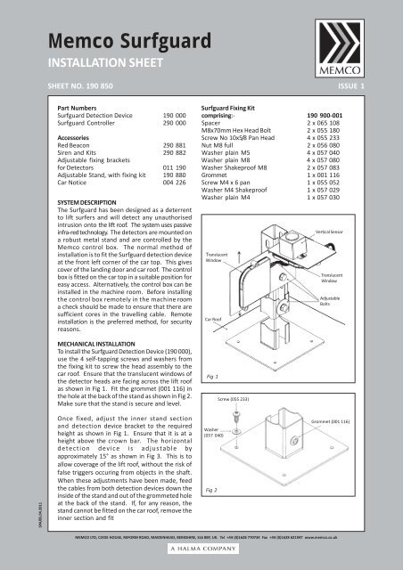 Memco Surfguard INSTALLATION SHEET