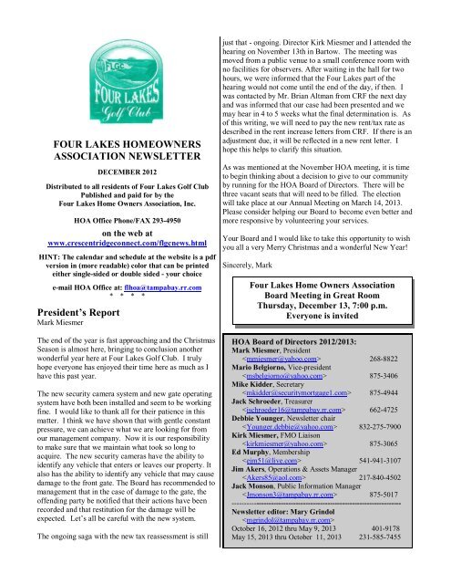 FOUR LAKES HOMEOWNERS ASSOCIATION NEWSLETTER ...