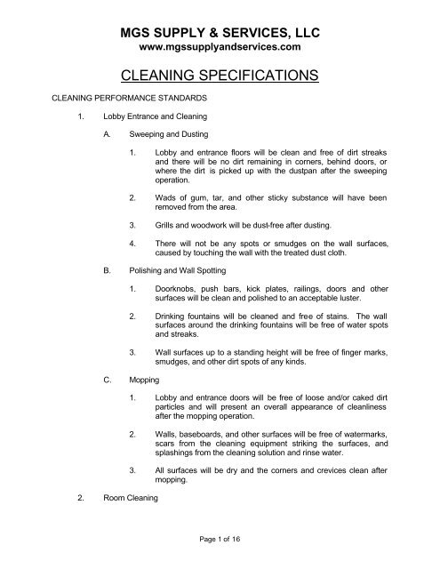 Cleaning Specifications & Standards - MGS Supply and Services