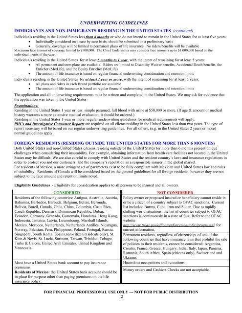 UNDERWRITING GUIDELINES I