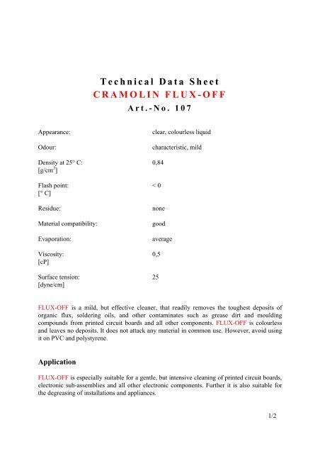 Technical Data Sheet CRAMOLIN FLUX-OFF Art.-No. 107