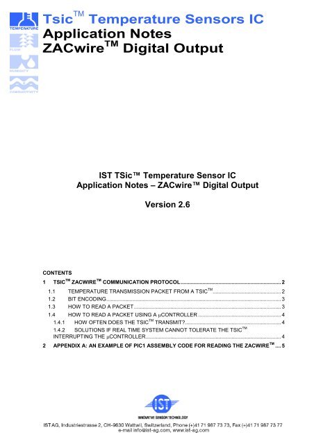 Tsic Temperature Sensors IC Application Notes ZACwire Digital ...