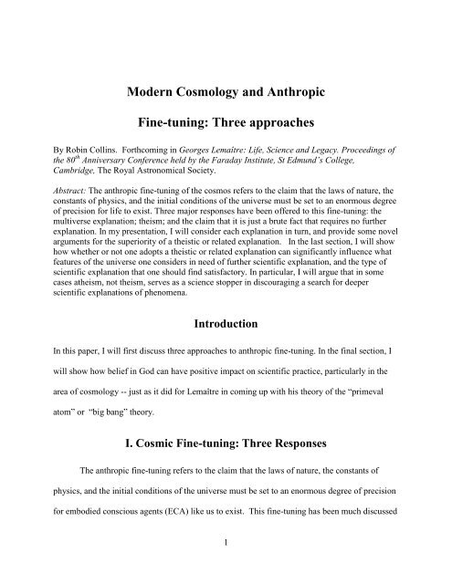 I. Cosmic Fine-tuning - Messiah College Personal Home Pages