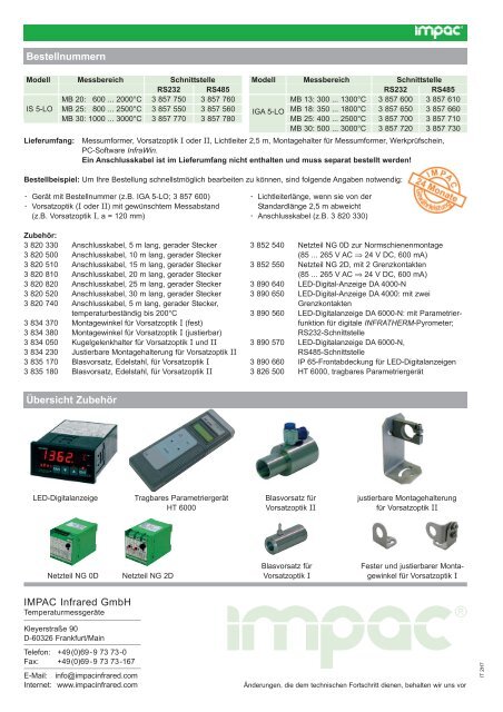 Bestellnummern IMPAC Infrared GmbH Übersicht Zubehör