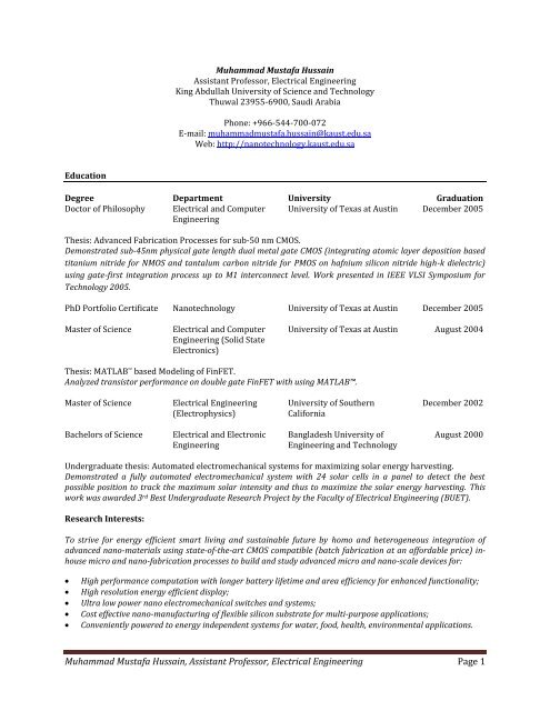 Muhammad Mustafa Hussain CV.pdf - Integrated Nanotechnology ...