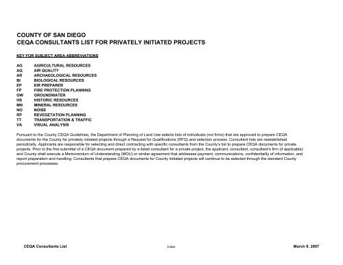 (CEQA) Consultant List - County of San Diego