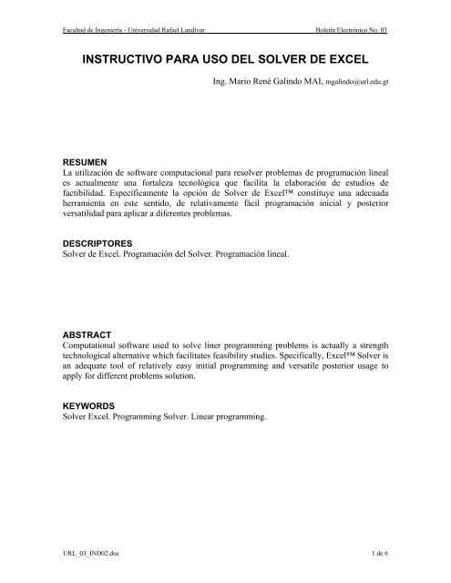 instructivo para uso del solver de excel - Tecnologico Landivar ...