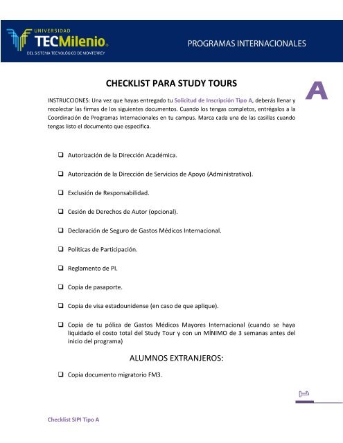 CHECKLIST PARA STUDY TOURS - Universidad TecMilenio