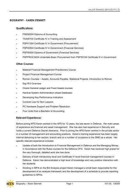 BIOGRAPHY KAREN STENNETT Qualifications - Major Training ...